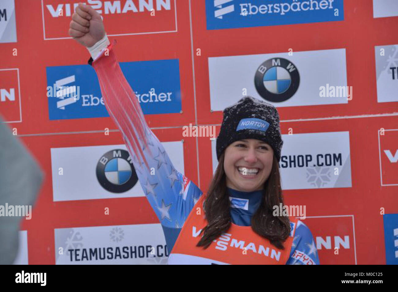 Sgt. Emily Sweeney waves to the crowd at the Lake Placid Olympic Center ...