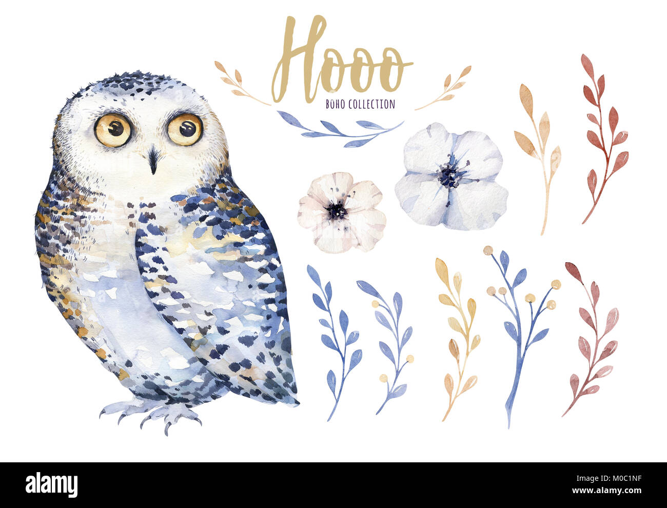 Watercolor owl with flowers. Hand drawn illustration with bird in boho ...