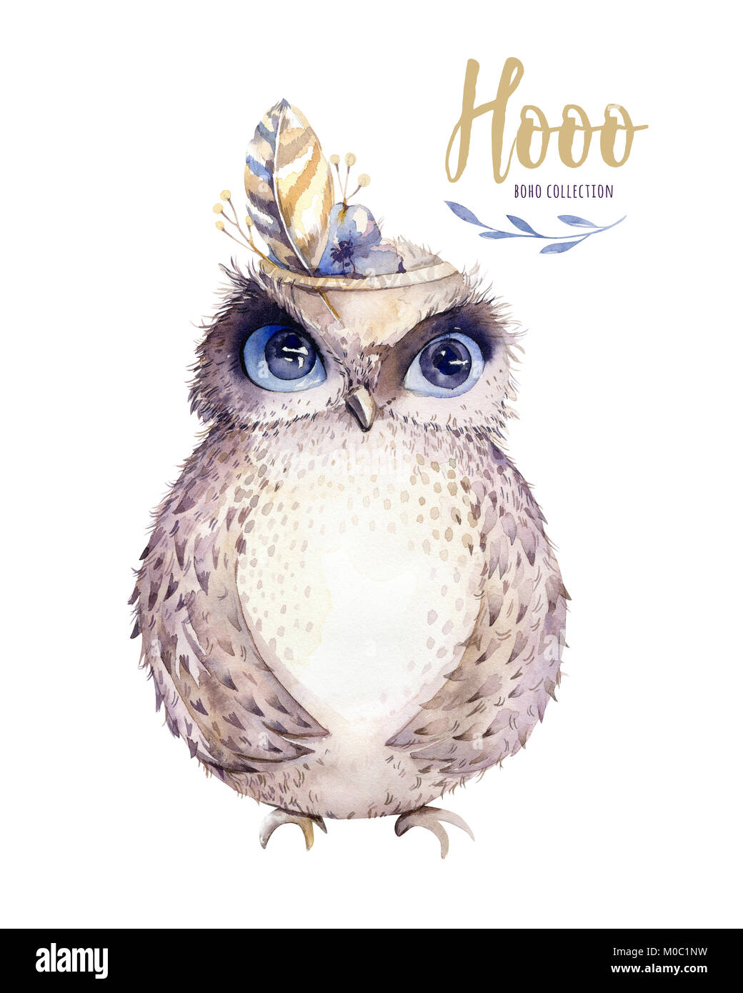 Watercolor owl with flowers. Hand drawn illustration with bird in boho ...