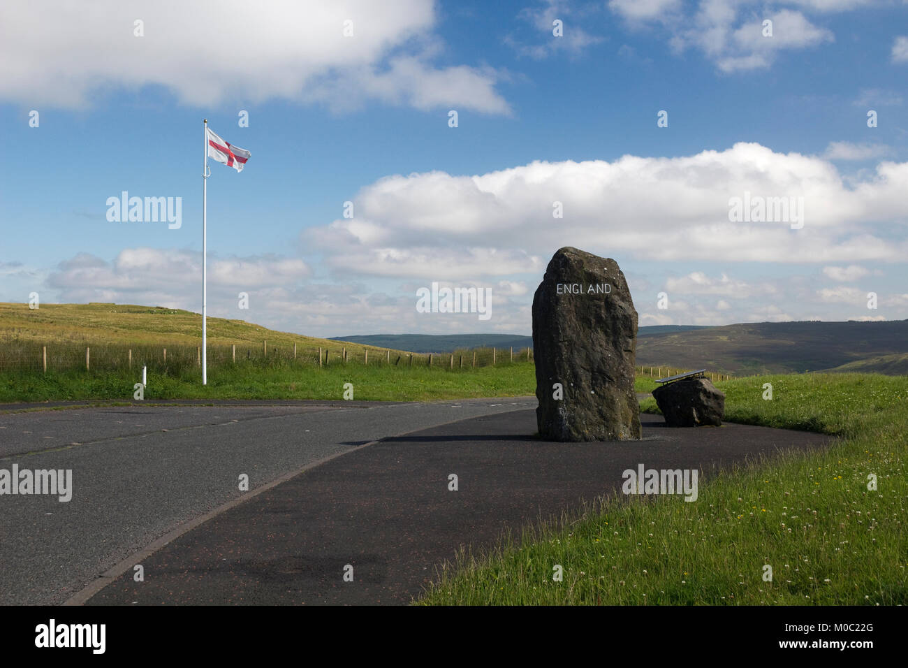English flag, rock with England painted on it and information board ...