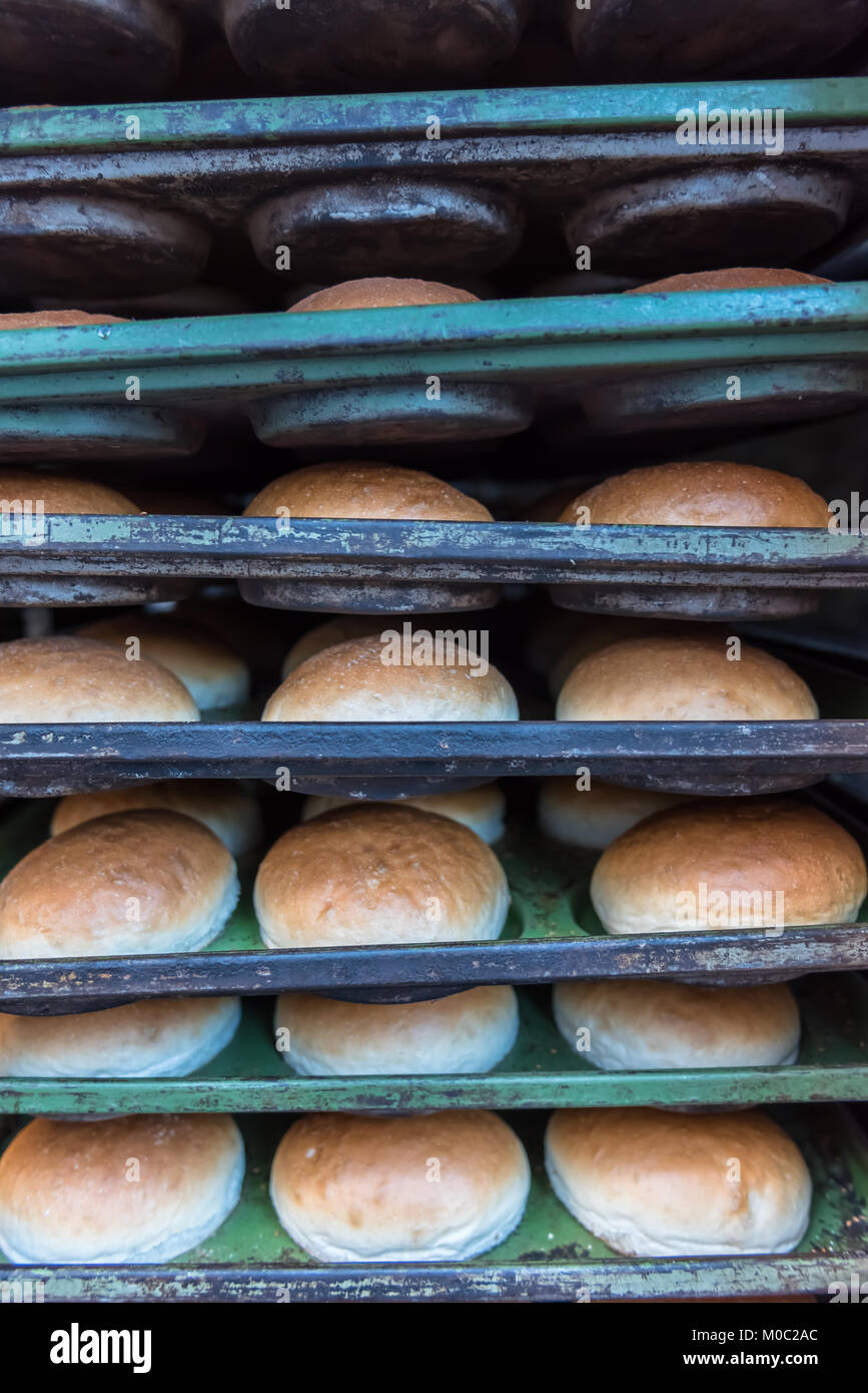 Shelves with fresh baked white wheat bread at bakery display for sale ...