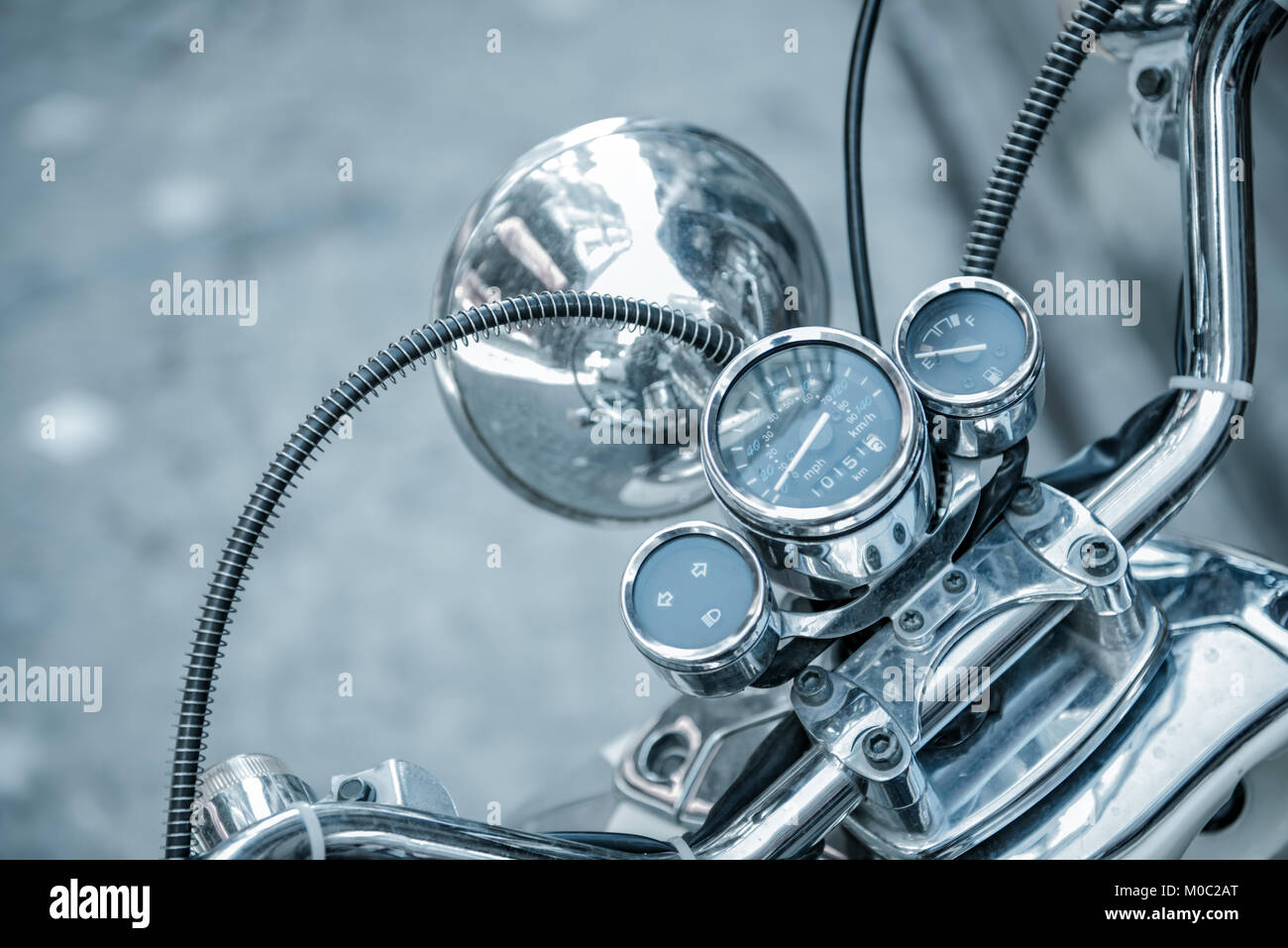 Close up of classic motorcycle shinny handlebar and chrome motorcycle ...