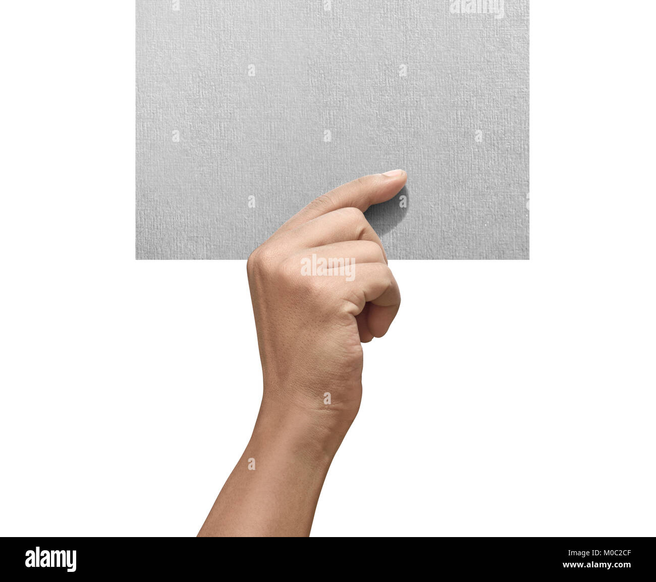 Male hands holding empty paper posing isolated over white background ...