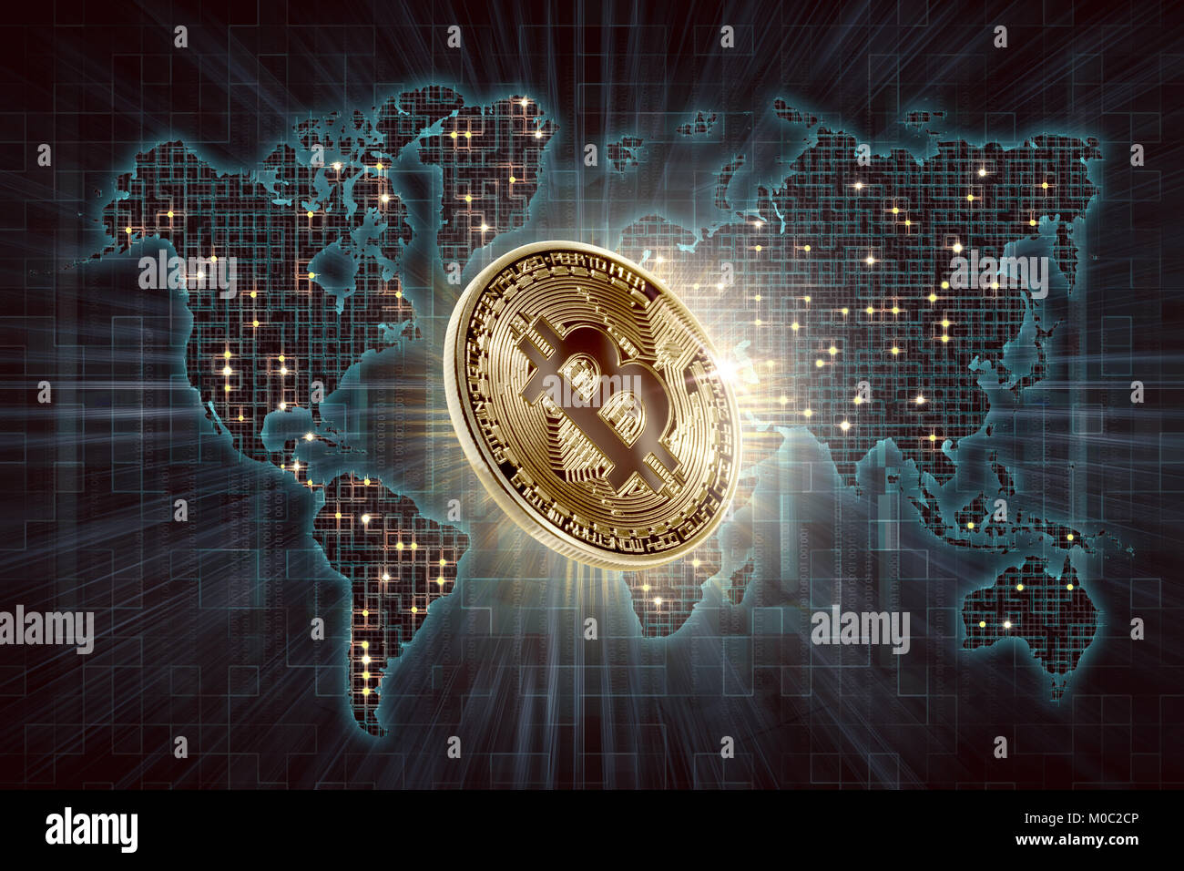 Gold bitcoin and digital world map background. Cryptocurrency image concept Stock Photo - Alamy