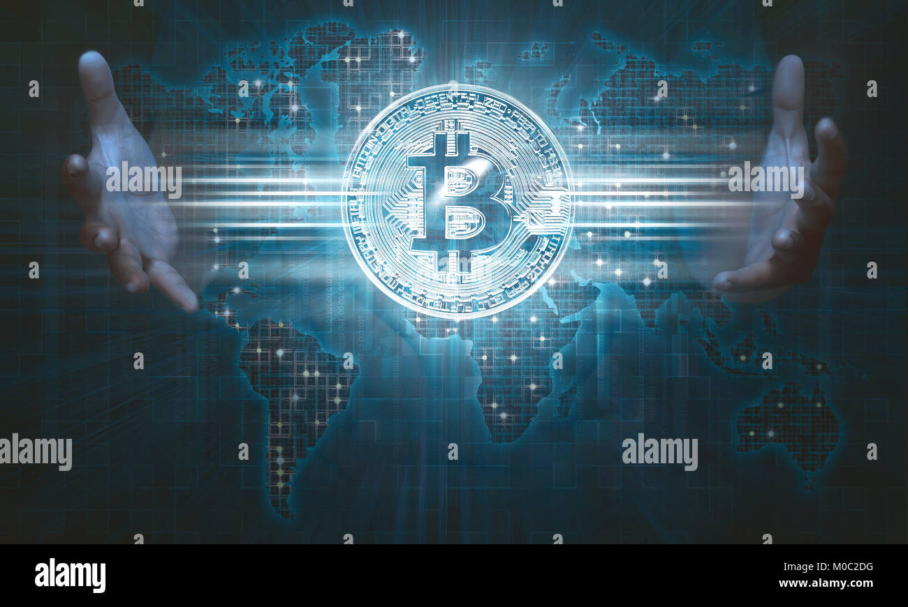 People hands showing bitcoin icon on virtual screen with digital world ...