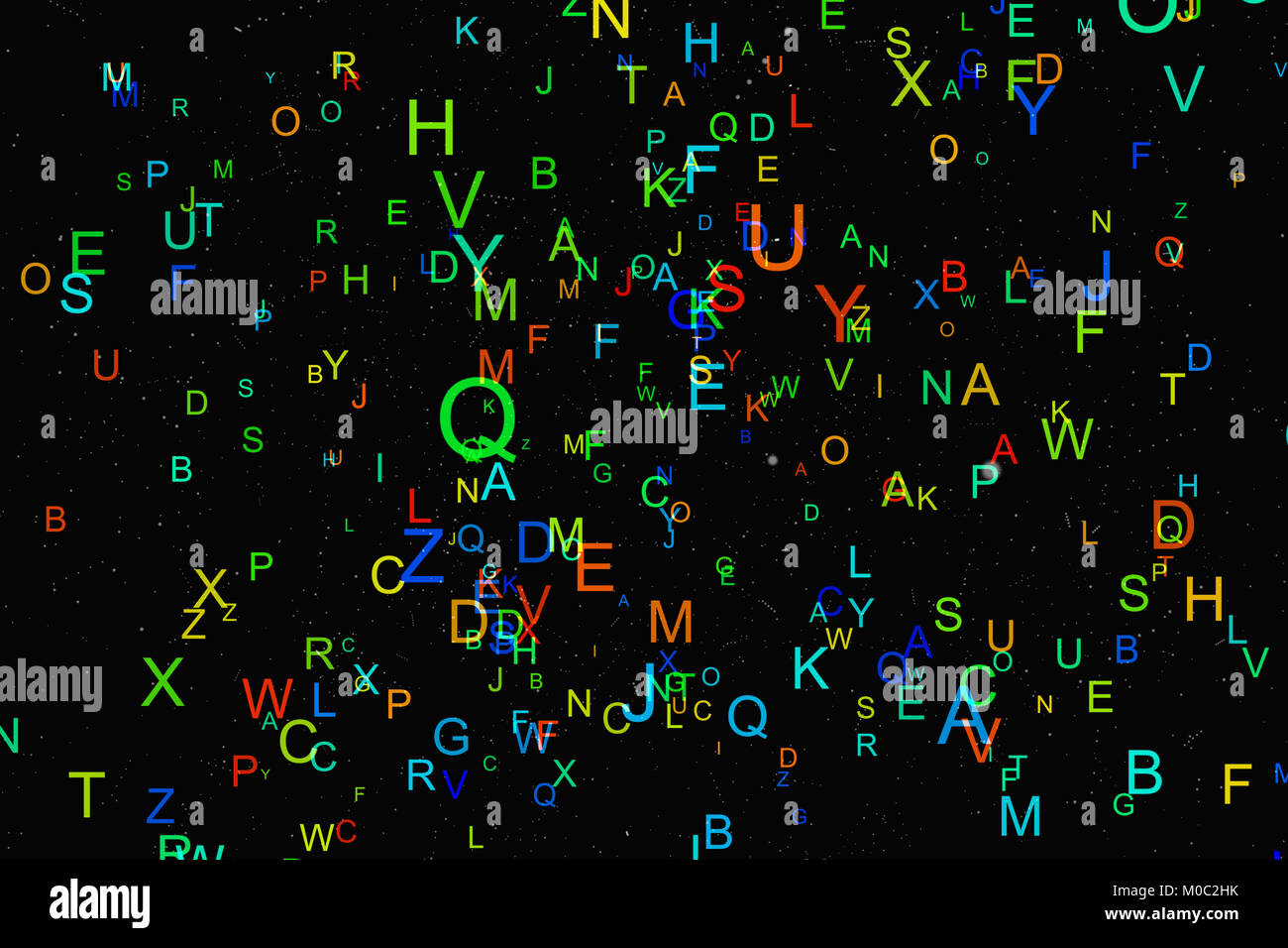 Abstract colorful alphabet fly on black background Stock Photo - Alamy