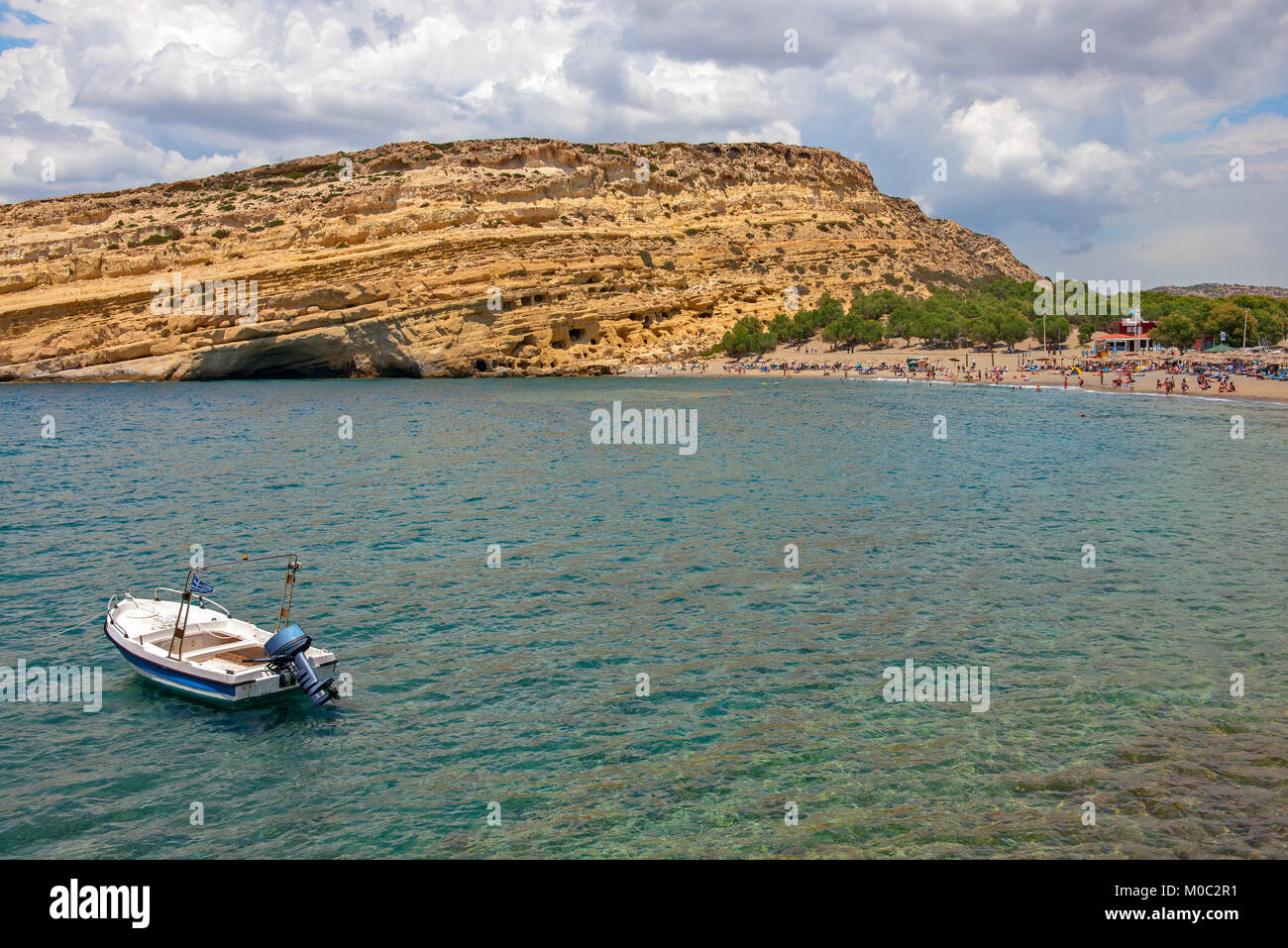 Matala beach and ancient caves on rocks. Crete island. Greece Stock ...