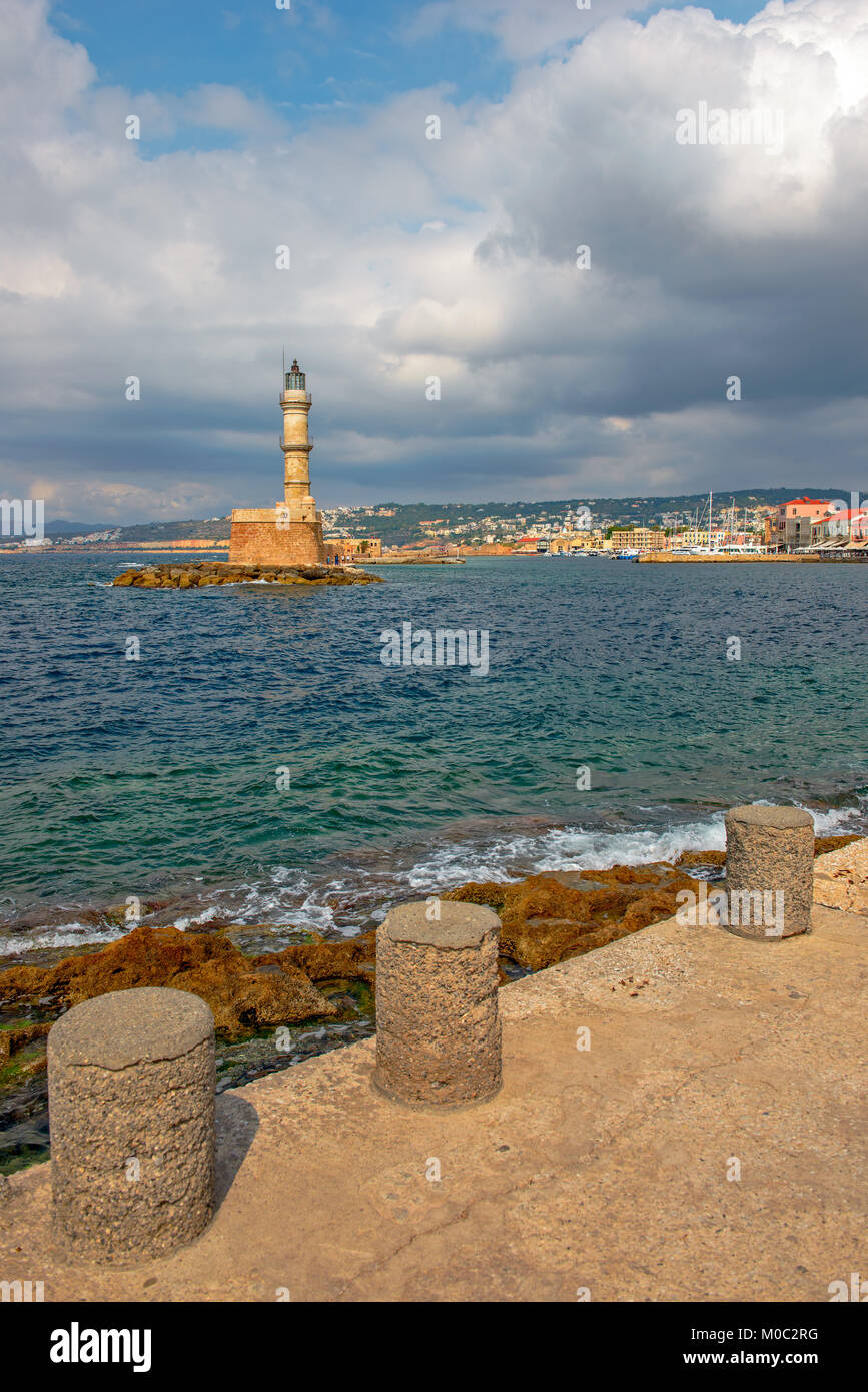 Old medieval lighthouse in port of Chania on Crete island. Greece Stock ...