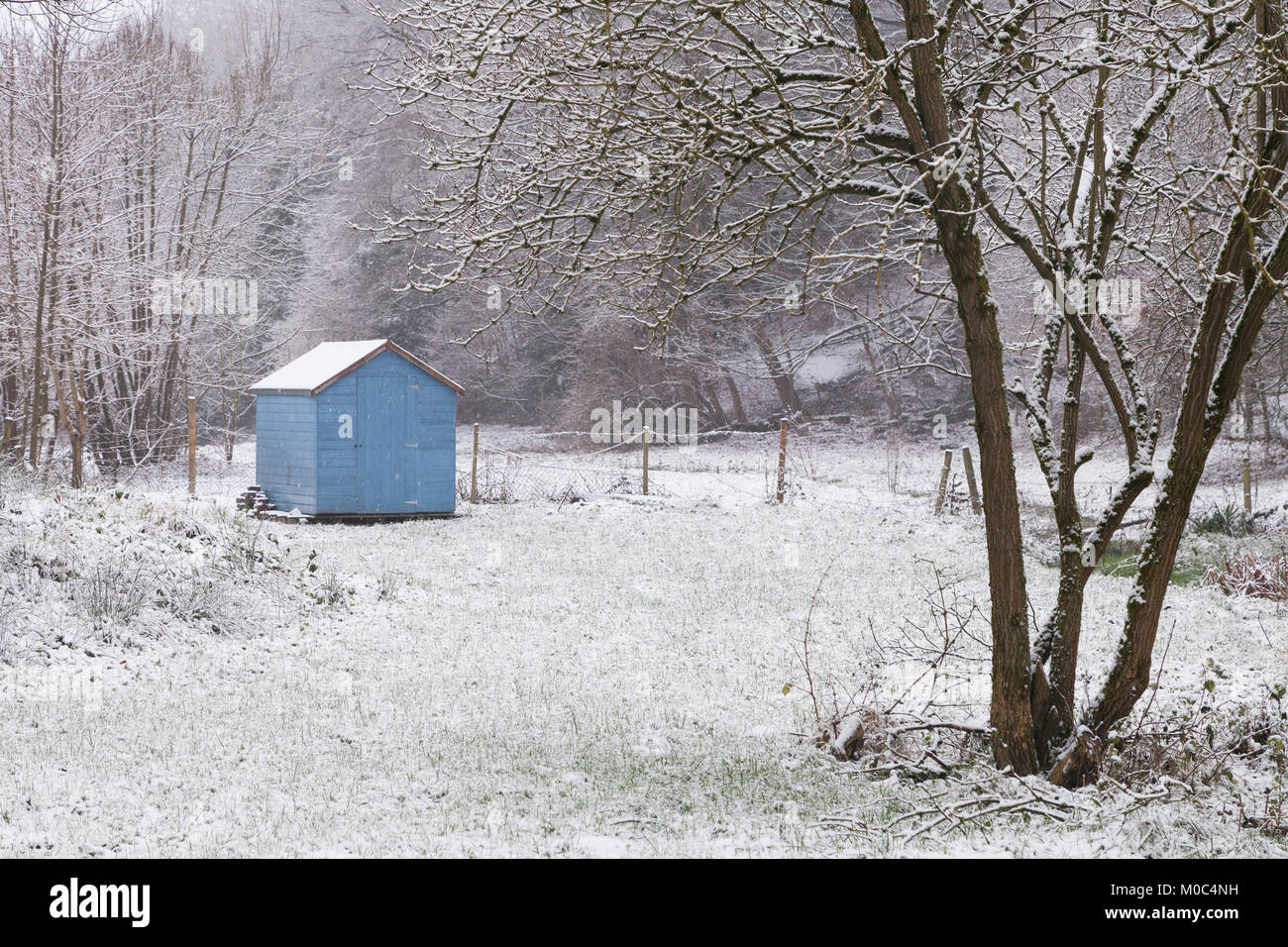 Snow covers a shed roof and field in West Yorkshire, Dec 2017 Stock ...