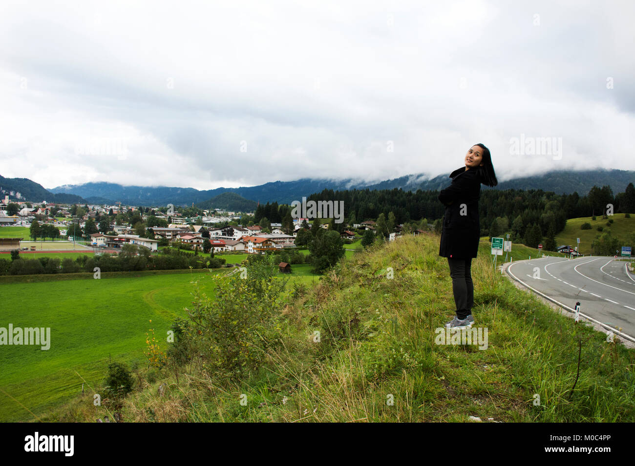 Asia thai women travel and posing with view landscape of alps mountain ...