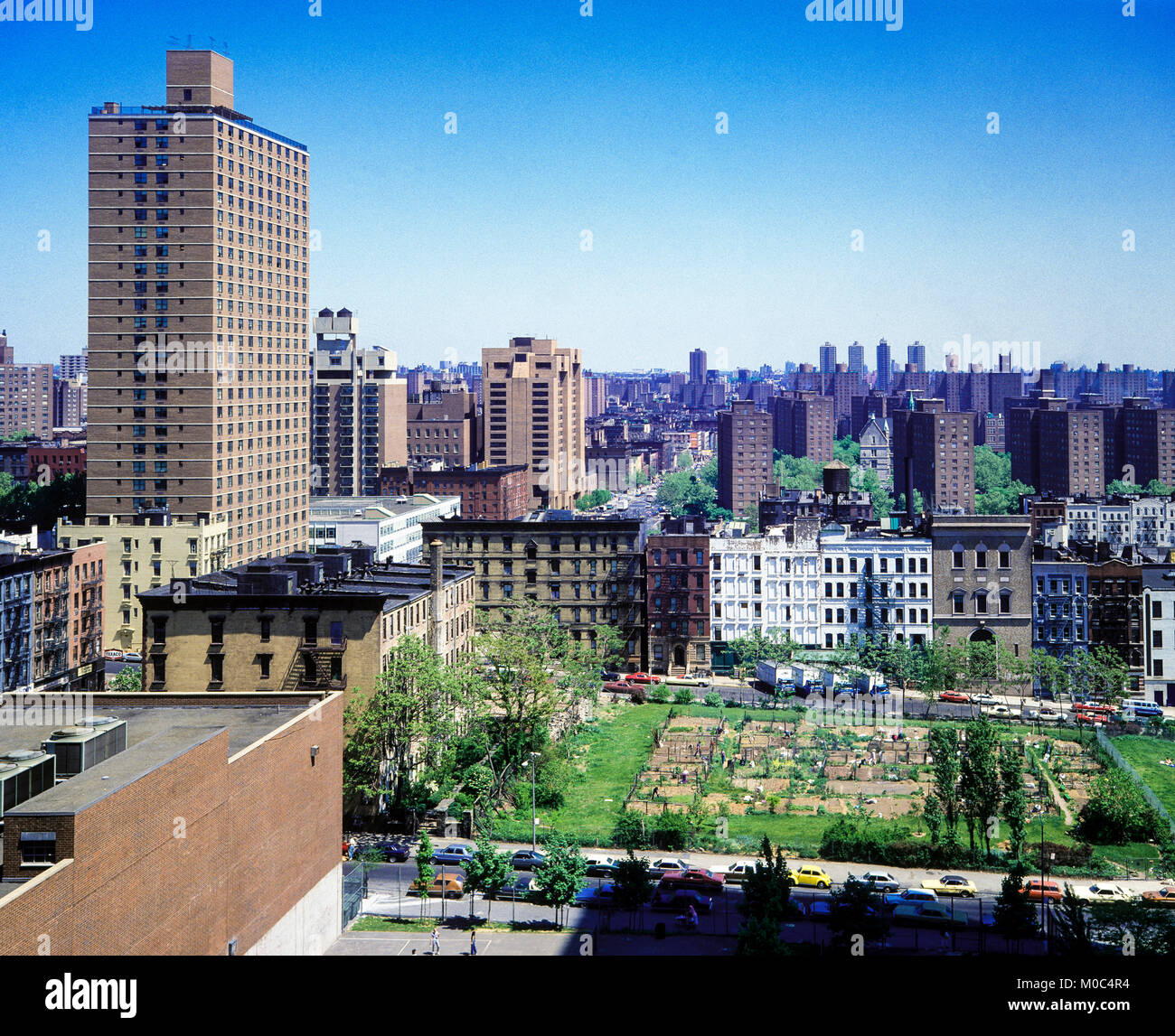 May 1982, New York, overview on community gardens, buildings, Yorkville ...
