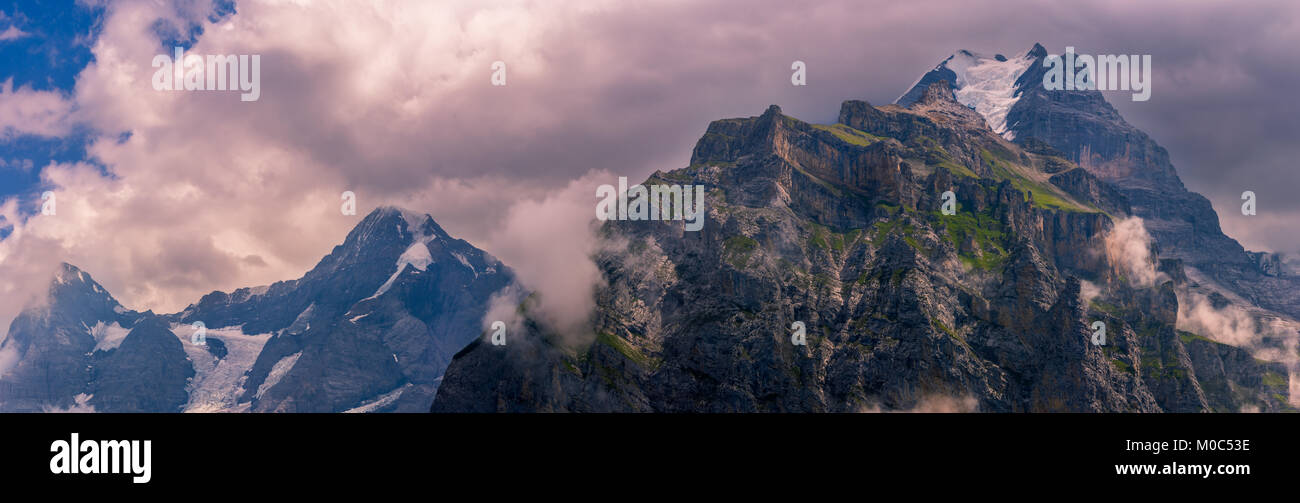 Panorama on Jungfrau, Monch and Eiger from Murren in the Bernese Alps ...