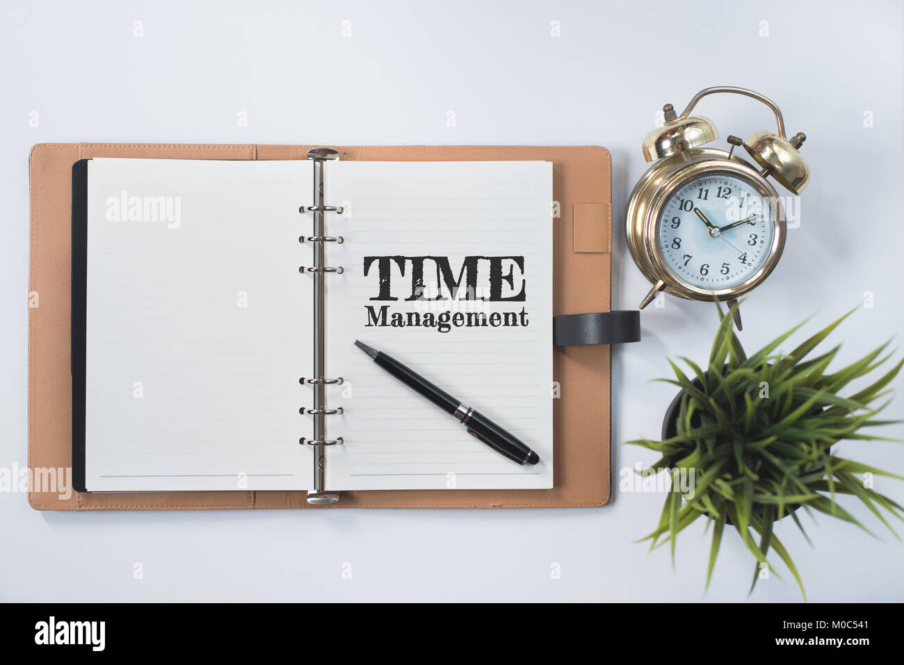 golden bell clock, green plant and blank notebook with TIME MANAGEMENT ...