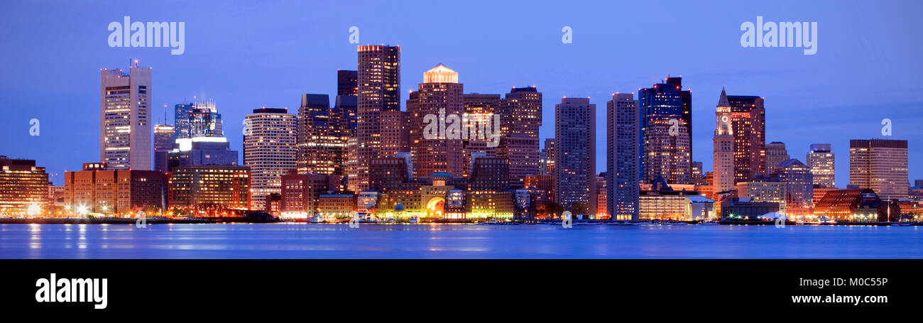 Boston skyline at dusk viewed over the Charles River, Massachusetts ...