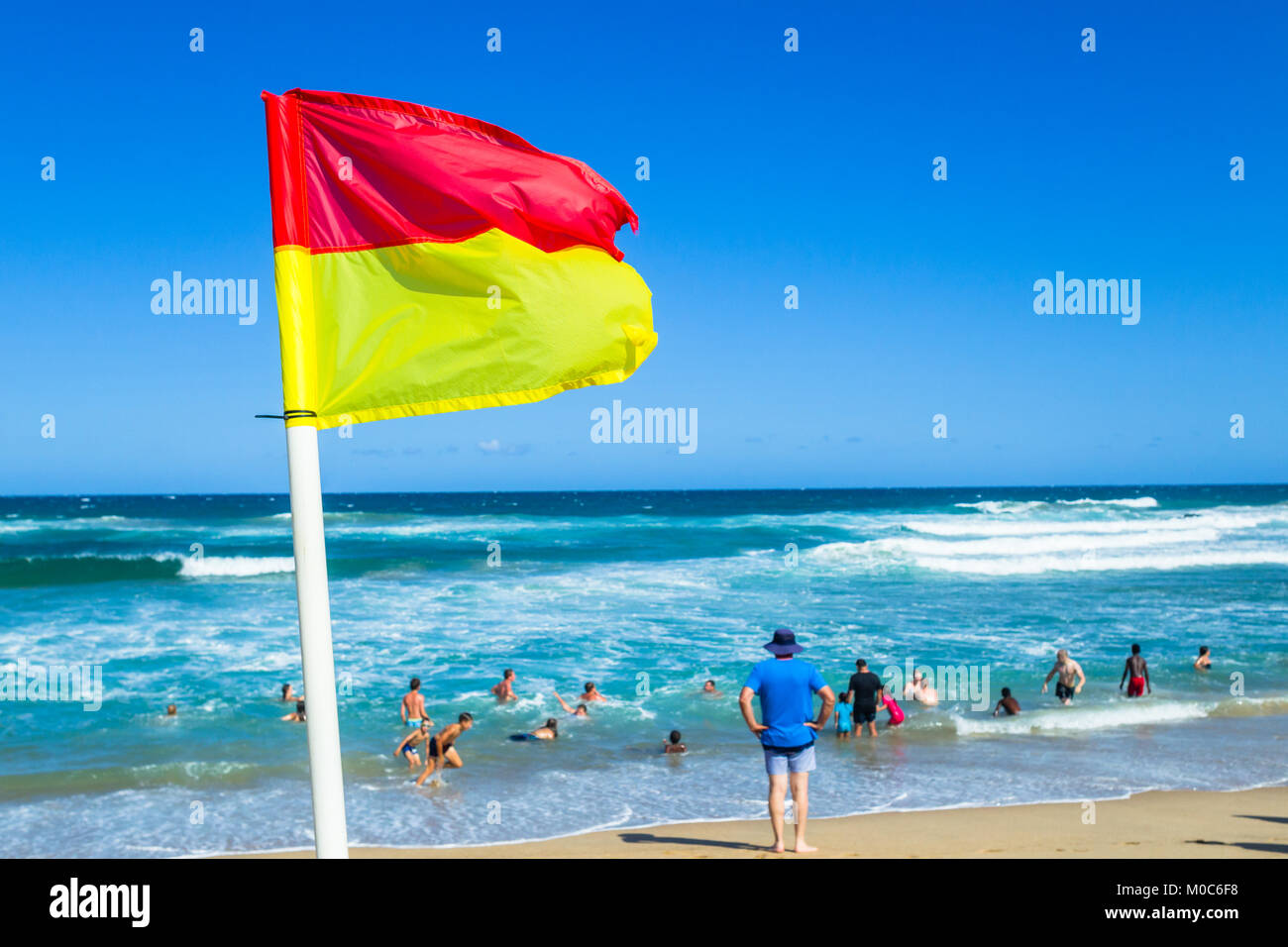 Beach ocean lifeguard beacon flags for public swimming safety Stock ...