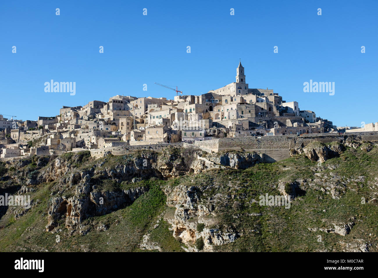 View from the bottom of the canyon of the old town of Matera. Italy ...
