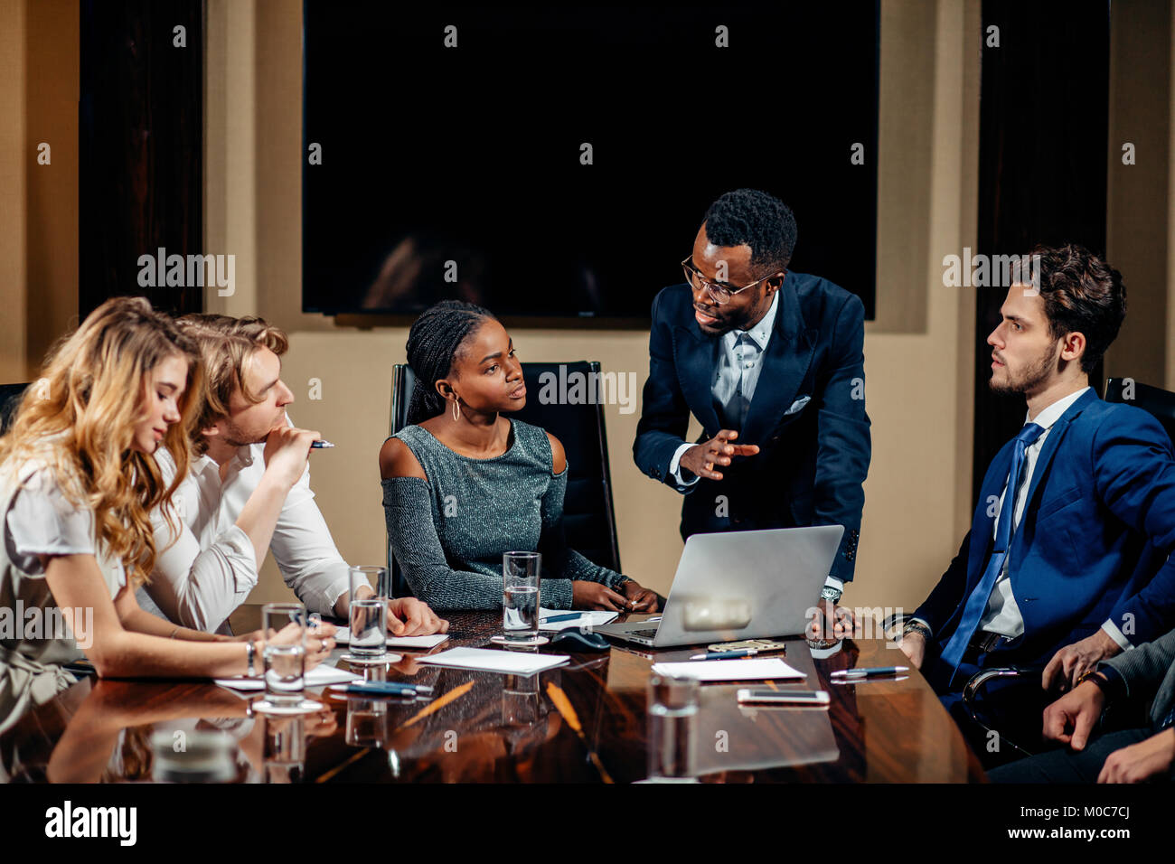 Female team leader on Meeting Discussion Talking in office conference ...