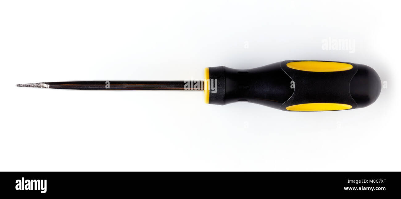Used black and yellow screwdriver isolated on white background, top ...