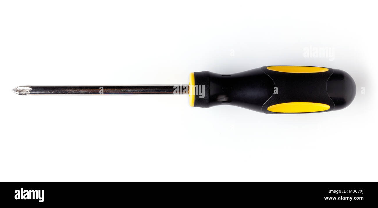 Used black and yellow screwdriver isolated on white background, top ...