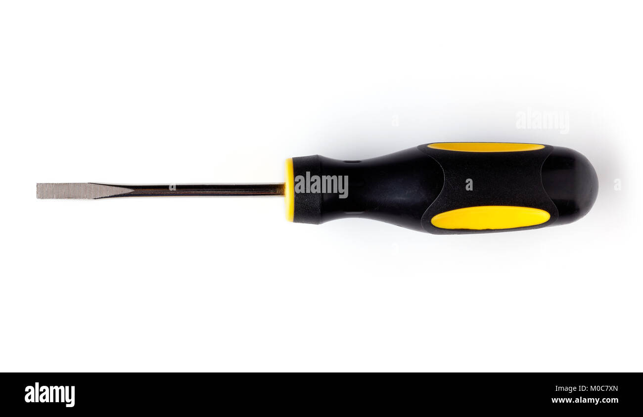 Used black and yellow screwdriver isolated on white background, top ...