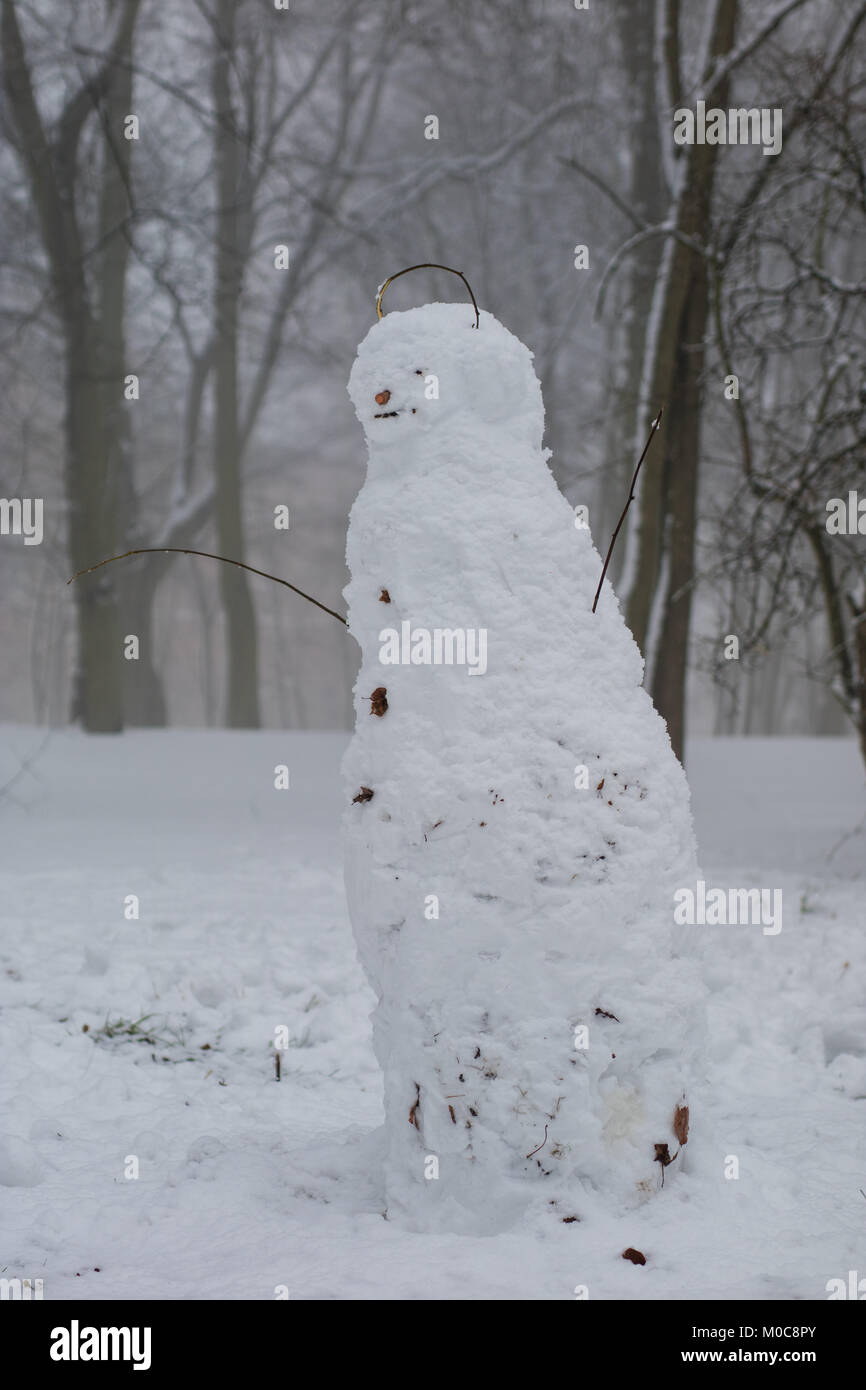 A winter snowman made in a city park. Snowman standing in a snowy park ...