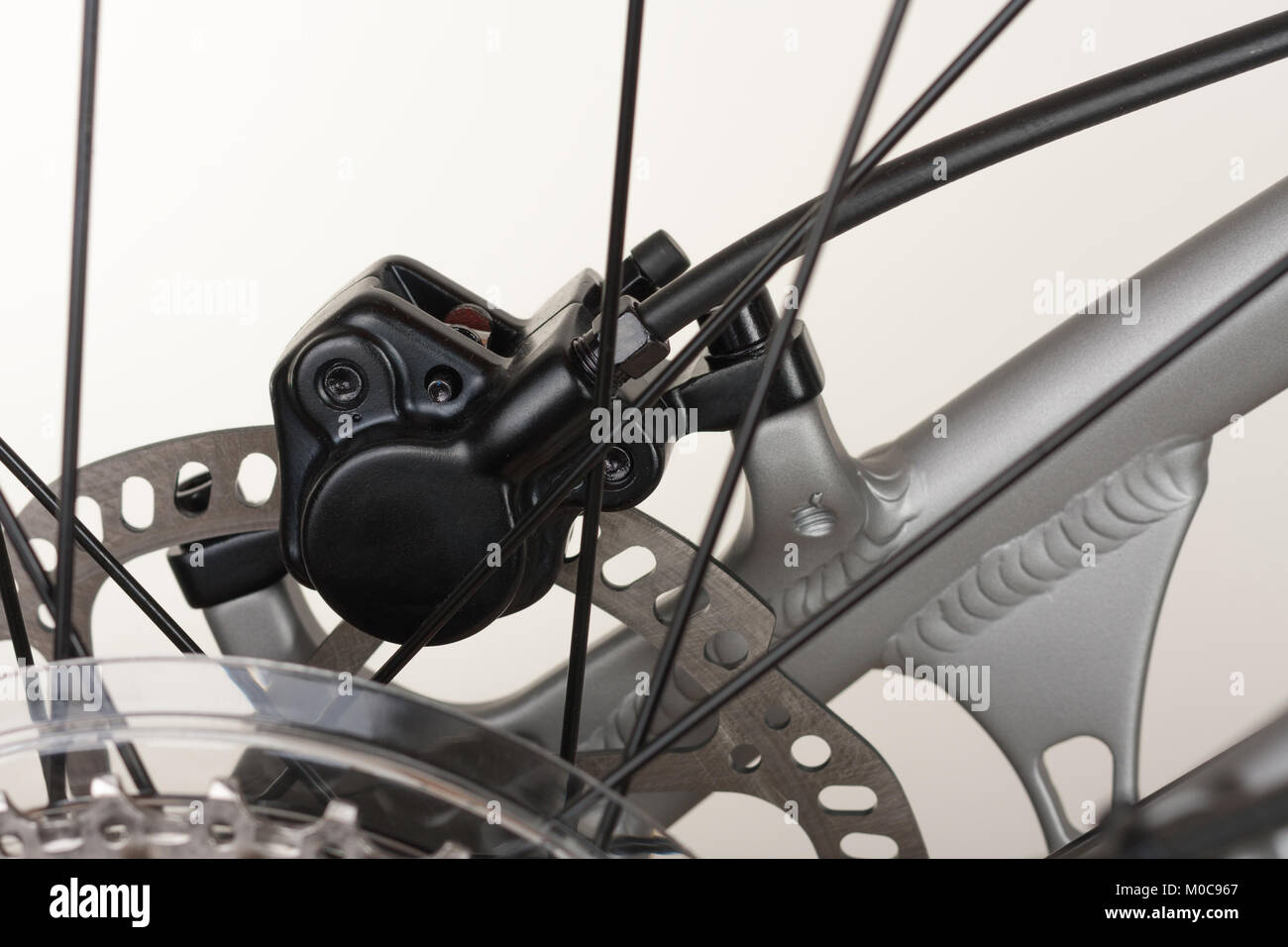 Hydraulic rear disc brake of mountain bike, close up view Stock Photo ...