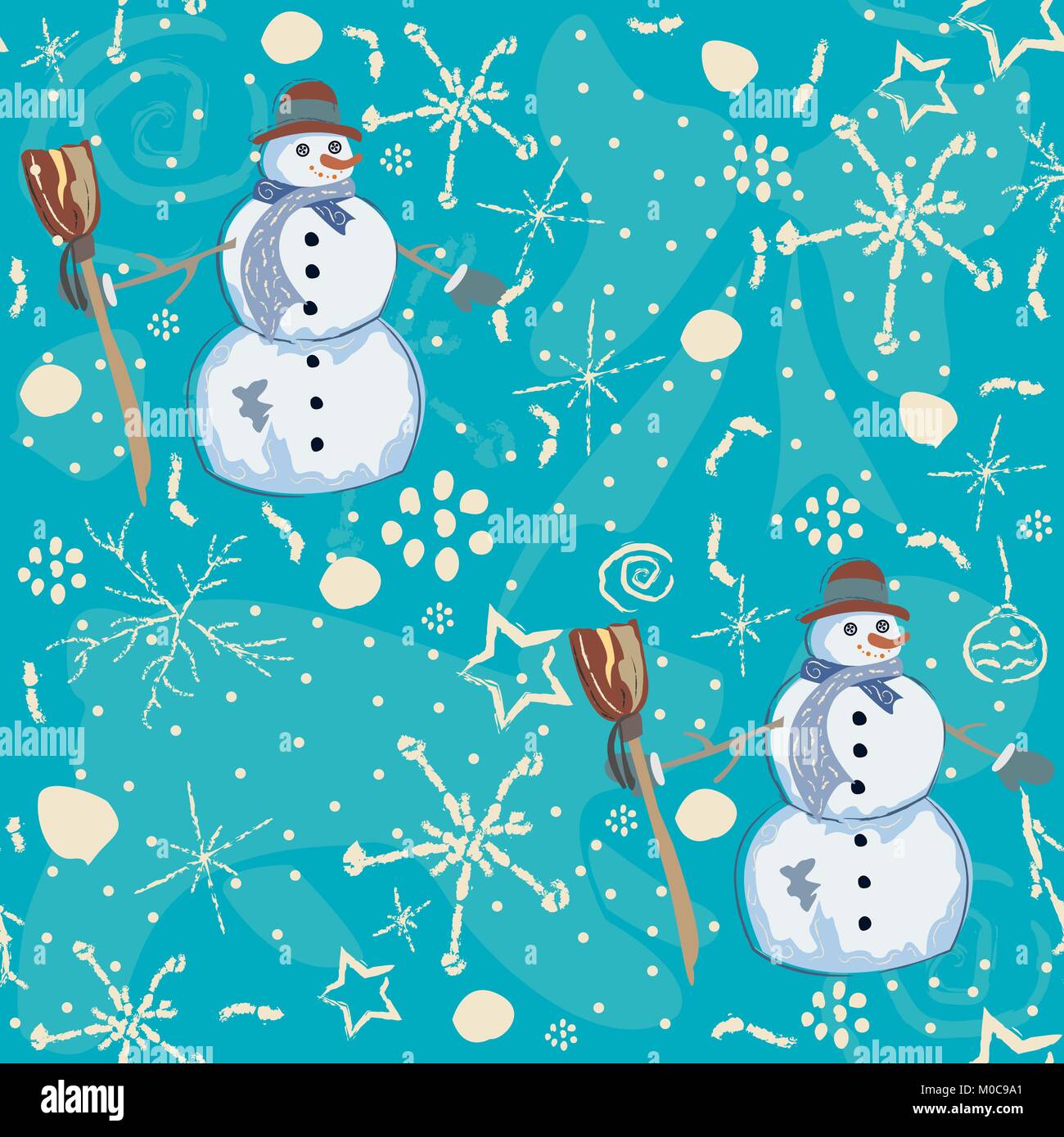 Seamless Pattern with snowman on blue background. Vector Illustration ...