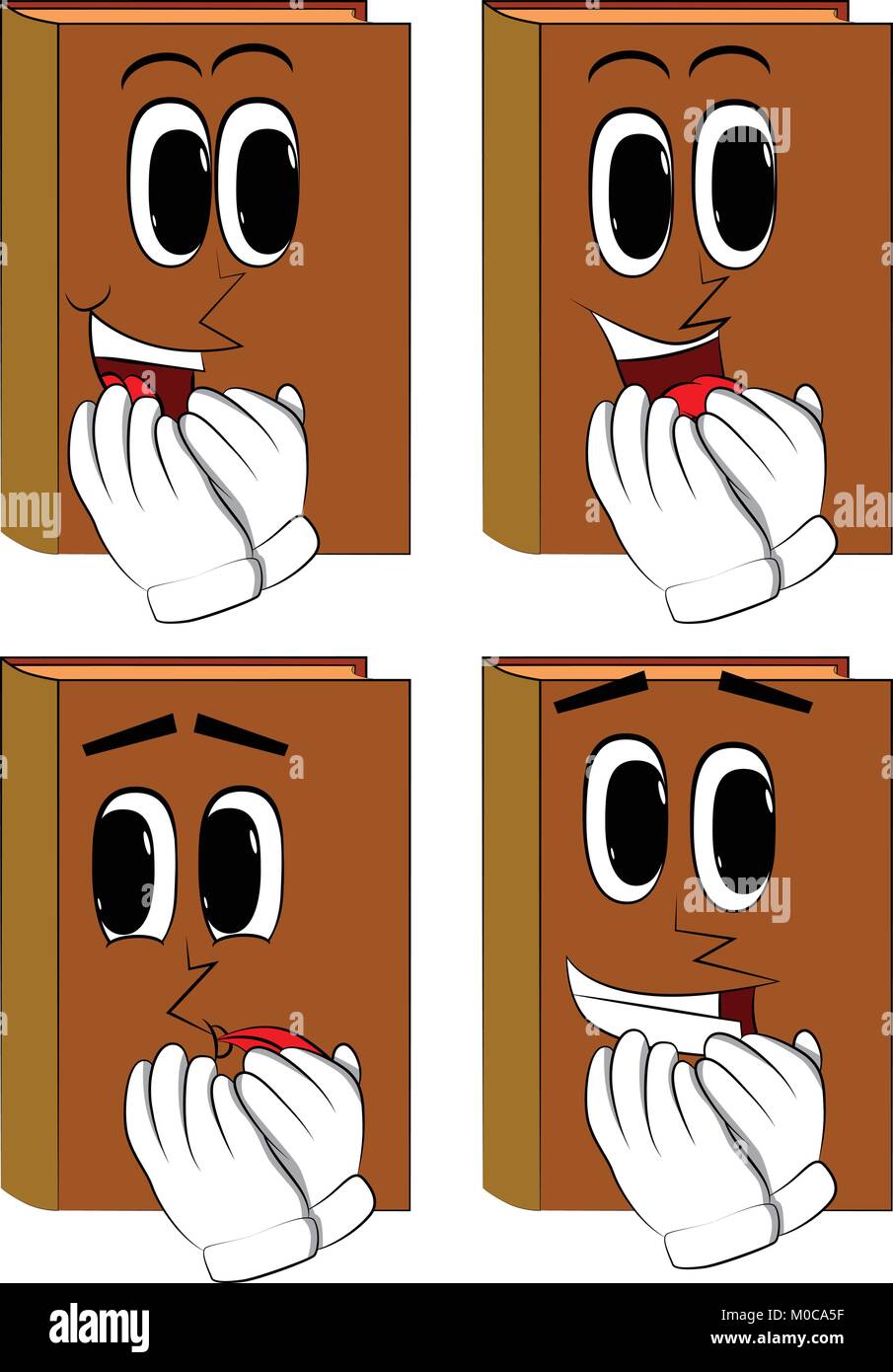 Books with hands over mouth. Cartoon book collection with happy faces ...