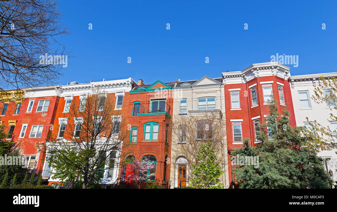 Colorful townhouses before sunset in spring, Washington DC, USA ...