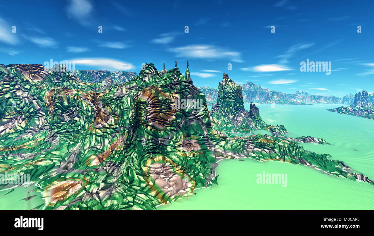 Mountain and lake. Landscape of stranger planet. 3D illustration Stock ...
