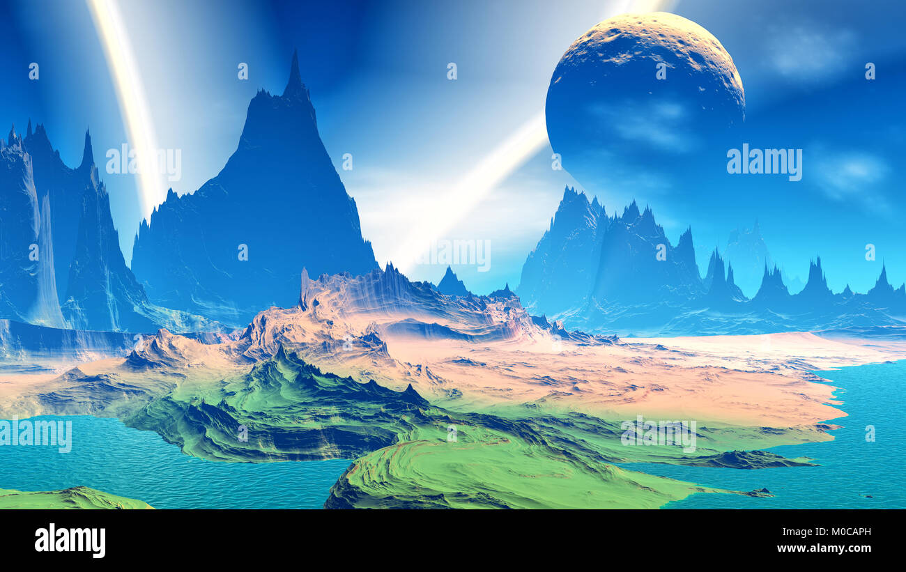 Mountain and lake. Landscape of stranger planet. 3D illustration Stock ...