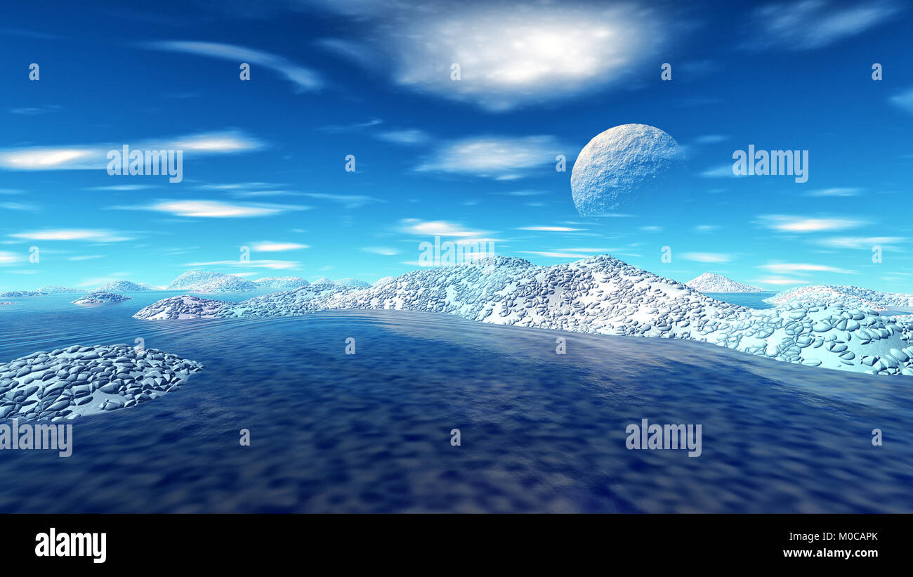Mountain and lake. Landscape of stranger planet. 3D illustration Stock ...