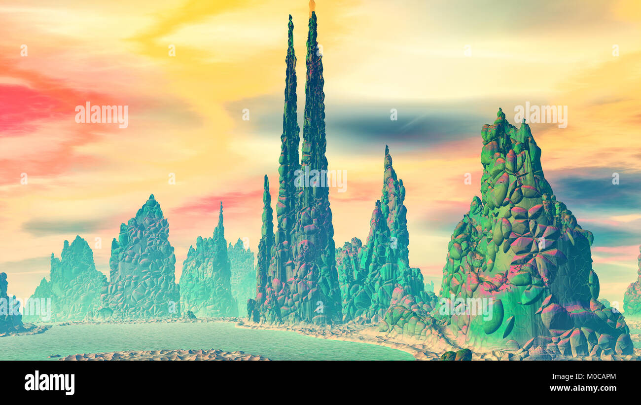 Mountain and lake. Landscape of stranger planet. 3D illustration Stock ...