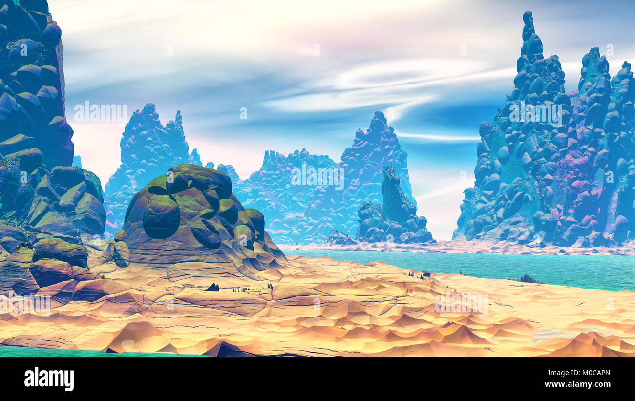 Mountain and lake. Landscape of stranger planet. 3D illustration Stock ...