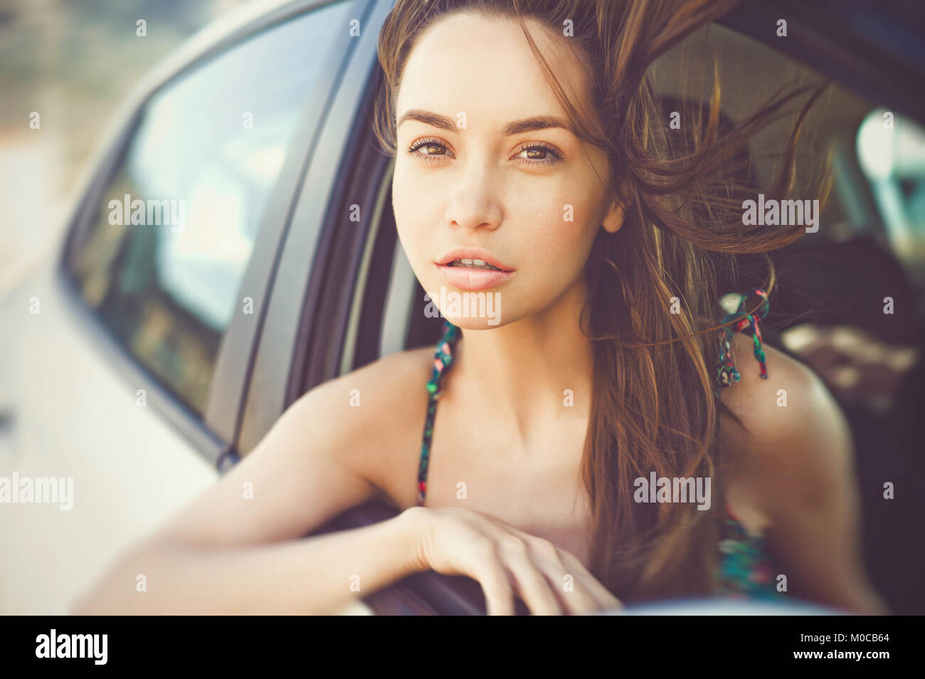 Atmospheric Outdoors Fashion Portrait Of Beautiful Brunette Woman In