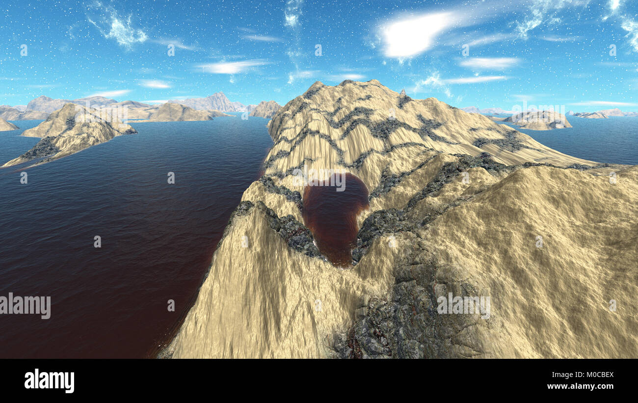 Mountain and lake. Landscape of stranger planet. 3D illustration Stock ...