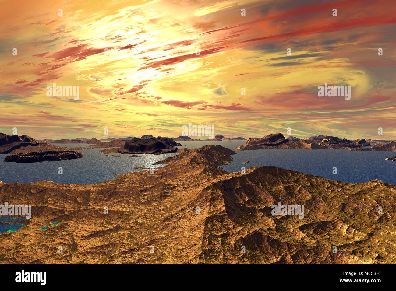 Mountain and lake. Landscape of stranger planet. 3D illustration Stock ...
