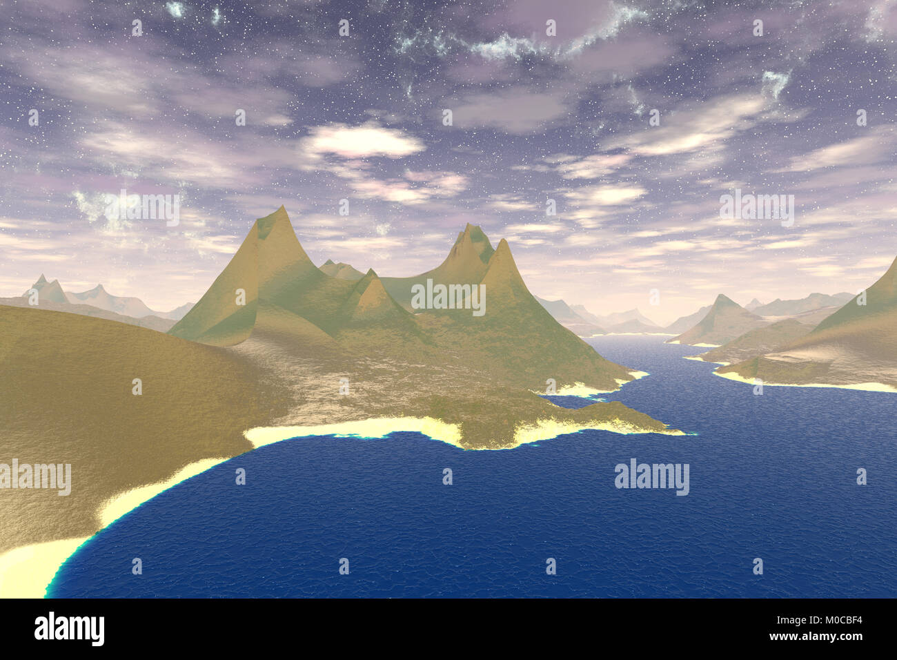 Mountain and lake. Landscape of stranger planet. 3D illustration Stock ...