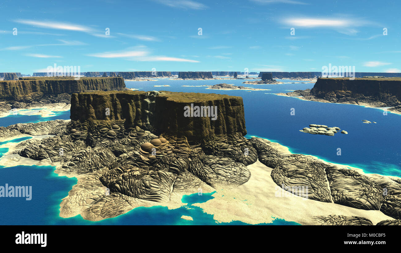 Mountain and lake. Landscape of stranger planet. 3D illustration Stock ...