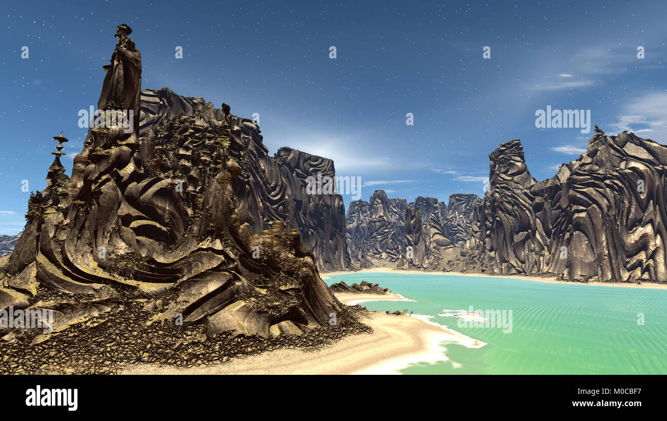 Mountain and lake. Landscape of stranger planet. 3D illustration Stock ...