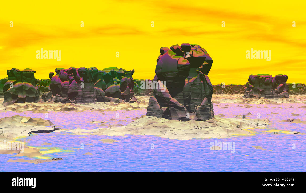Mountain and lake. Landscape of stranger planet. 3D illustration Stock ...