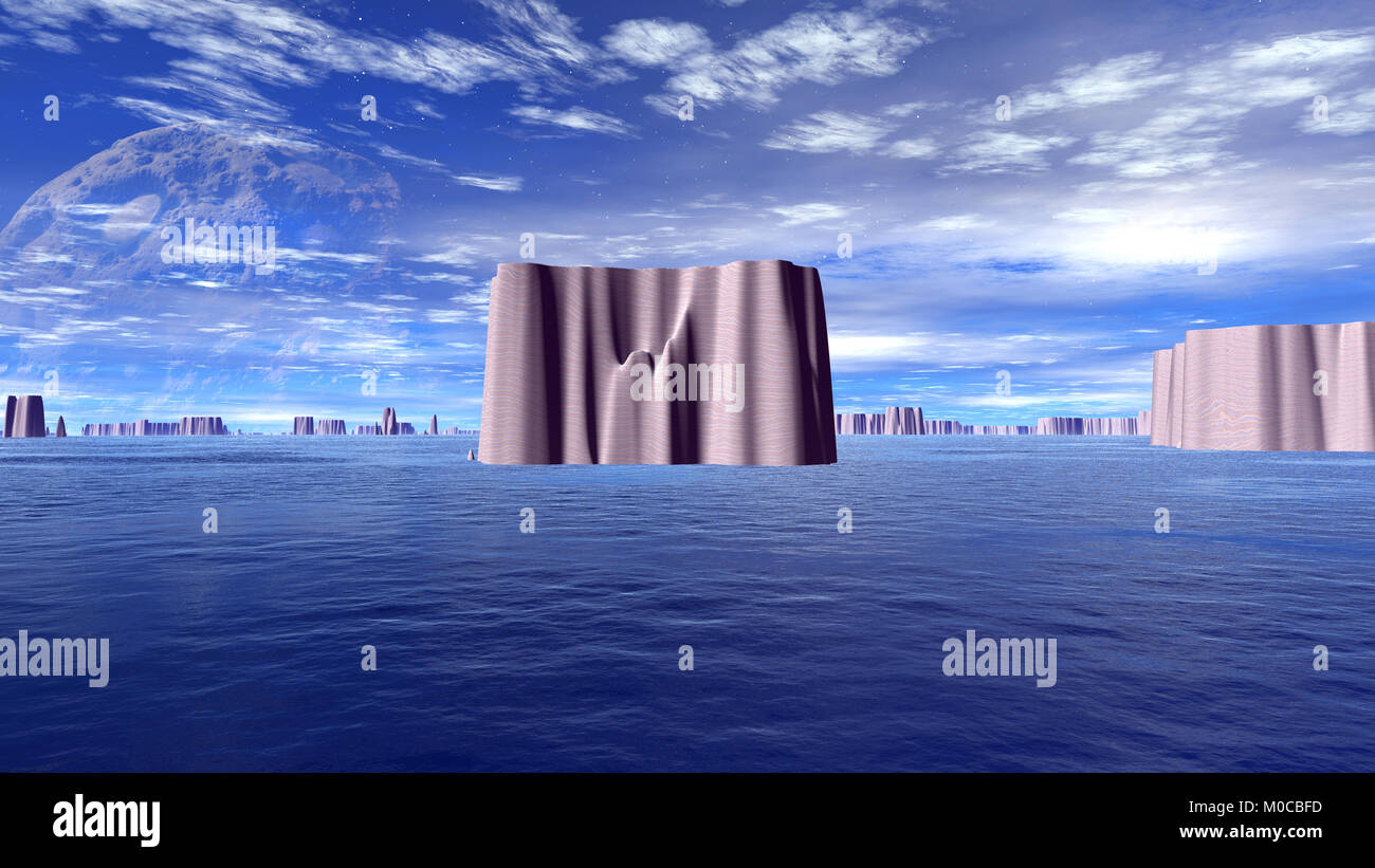 Mountain and lake. Landscape of stranger planet. 3D illustration Stock ...