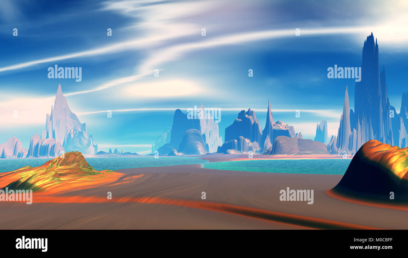 Mountain and lake. Landscape of stranger planet. 3D illustration Stock ...