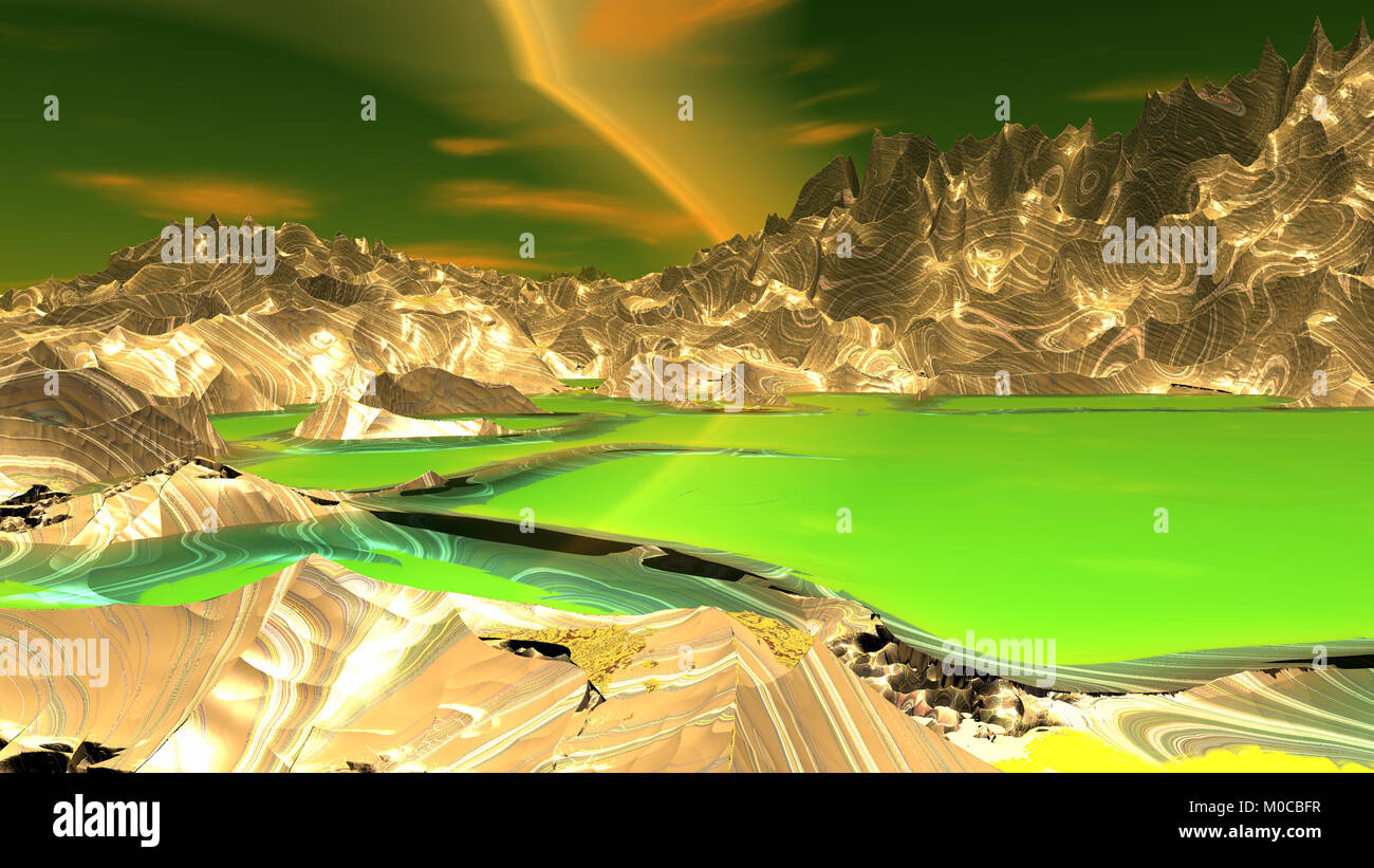 Mountain and lake. Landscape of stranger planet. 3D illustration Stock ...