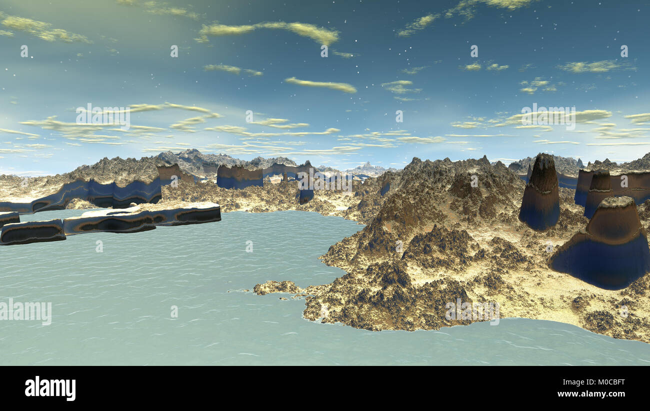 Mountain and lake. Landscape of stranger planet. 3D illustration Stock ...