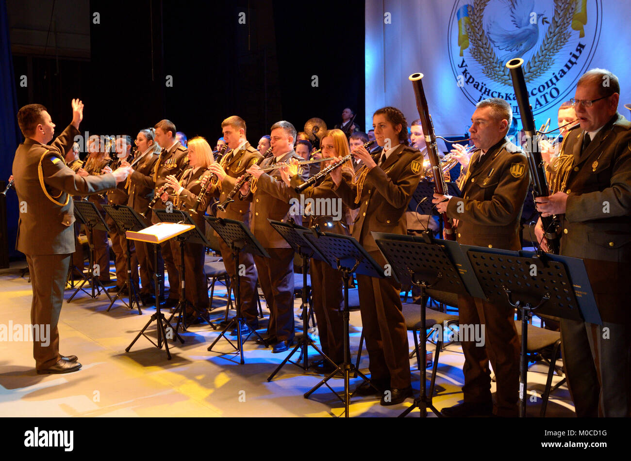 Military orchestra performing during ceremony of awarding of Donetsk ...