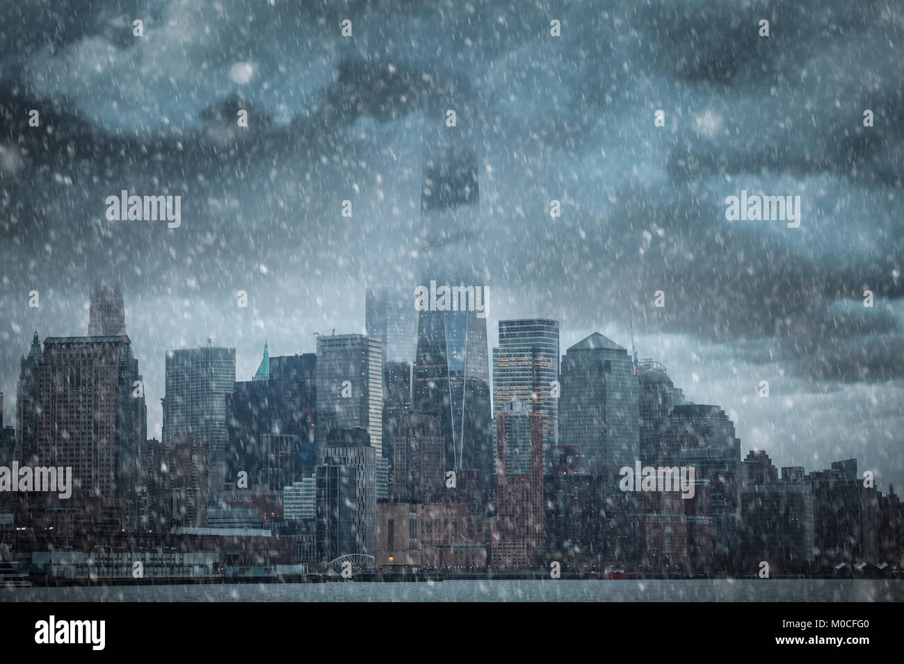 snow is coming before Christmas in Manhattan. The view from the Hudson ...