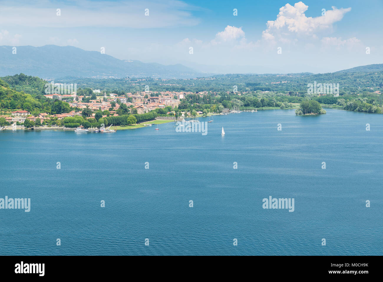 Lake Maggiore, town of Angera, Italy. Aerial view of Angera, the ...