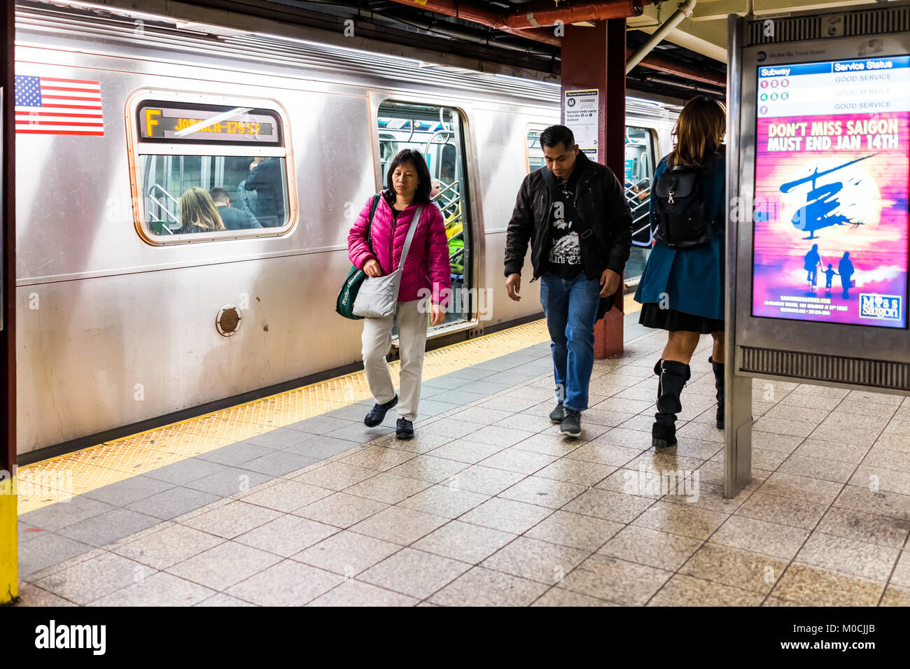 New York City, USA - October 27, 2017: People in underground platform ...