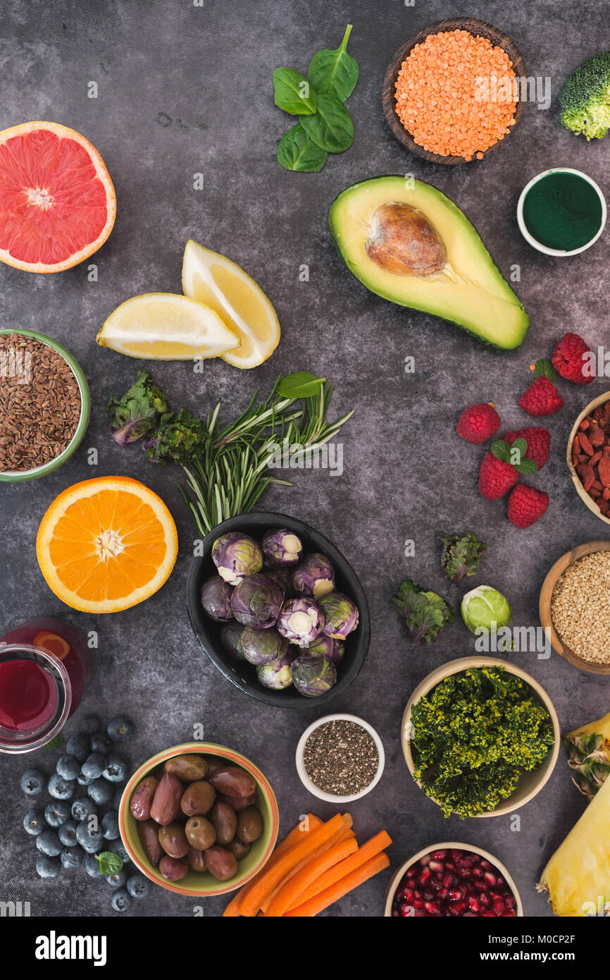 Superfoods. An arrangement of superfoods featuring seeds, legumes ...